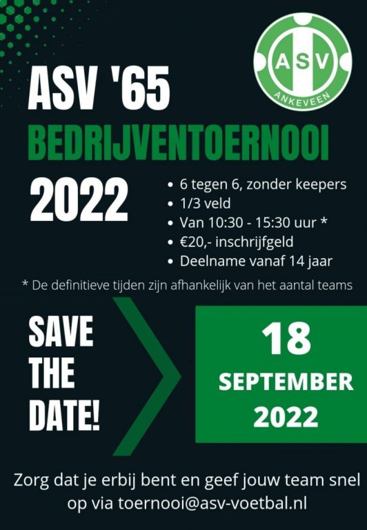 Doe mee aan het bedrijfsvoetbaltoernooi op zondag 18 september! | ASV '65